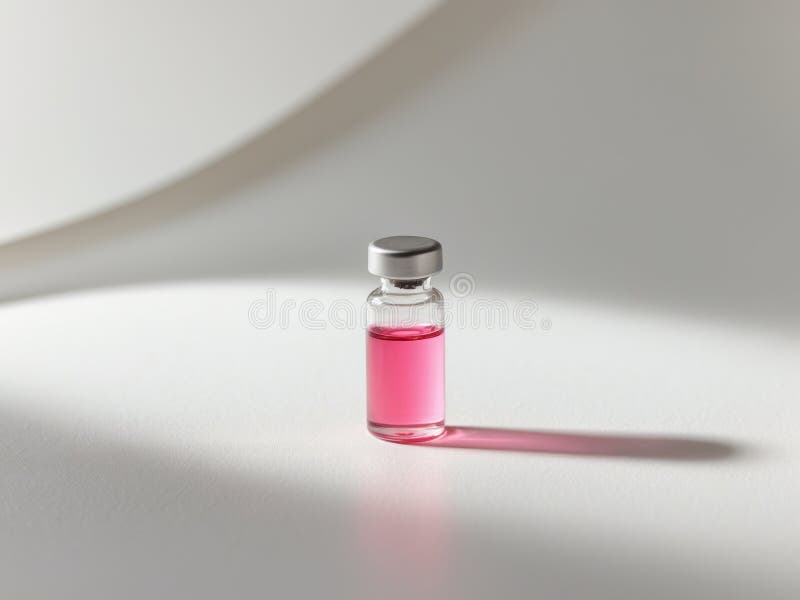 Small Glass Vial Silver Cap is Filled Pink Using a Bottle. Stock Image ...