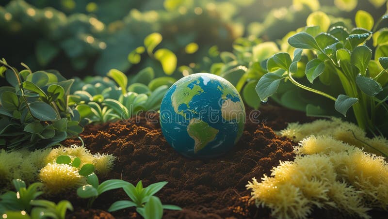 A Small Globe Representing Earth Rests on Moist, Dark Soil Surrounded ...