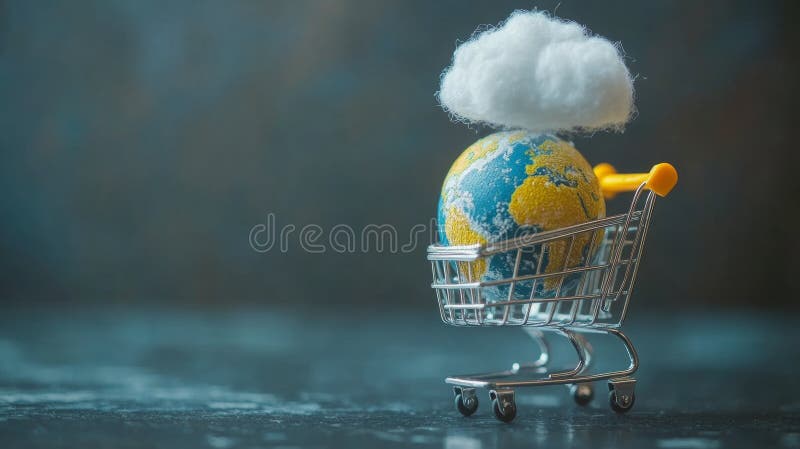 Global Shopping Concept with a Miniature Earth in a Cart and a Fluffy ...