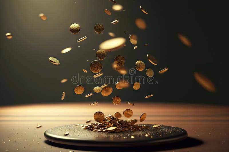 Small Gold Coins Falling and Bouncing Off Surface of Table Stock ...