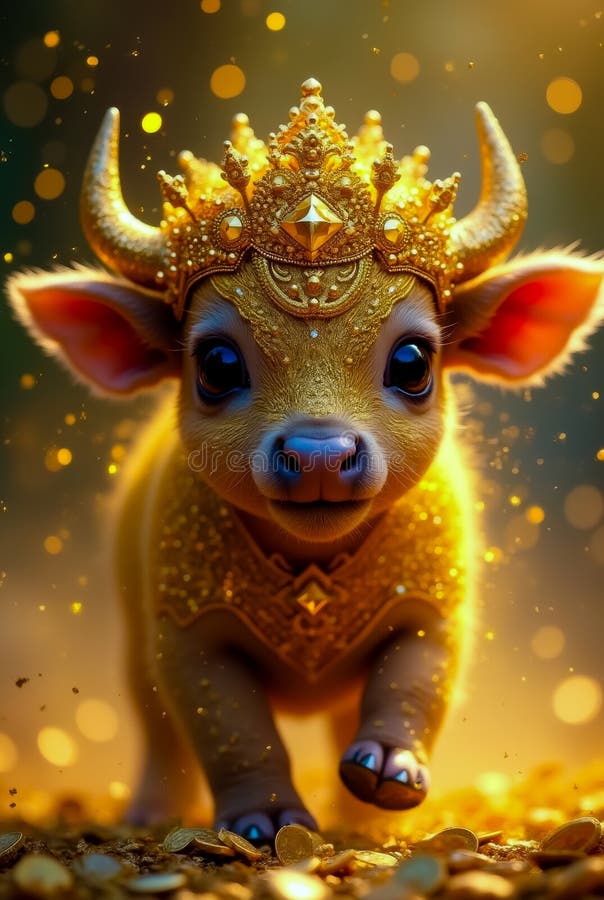 A Small Gold Cow with a Crown on Its Head Stock Illustration ...