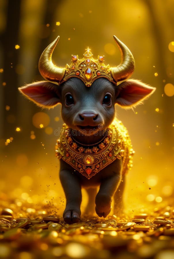 A Small Gold Cow with a Crown on Its Head Stock Illustration ...