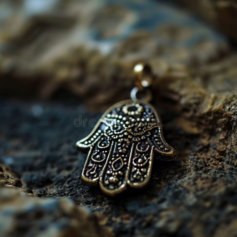 A Small Gold Hamsa Hand Pendant Sitting on a Rock, AI Stock ...