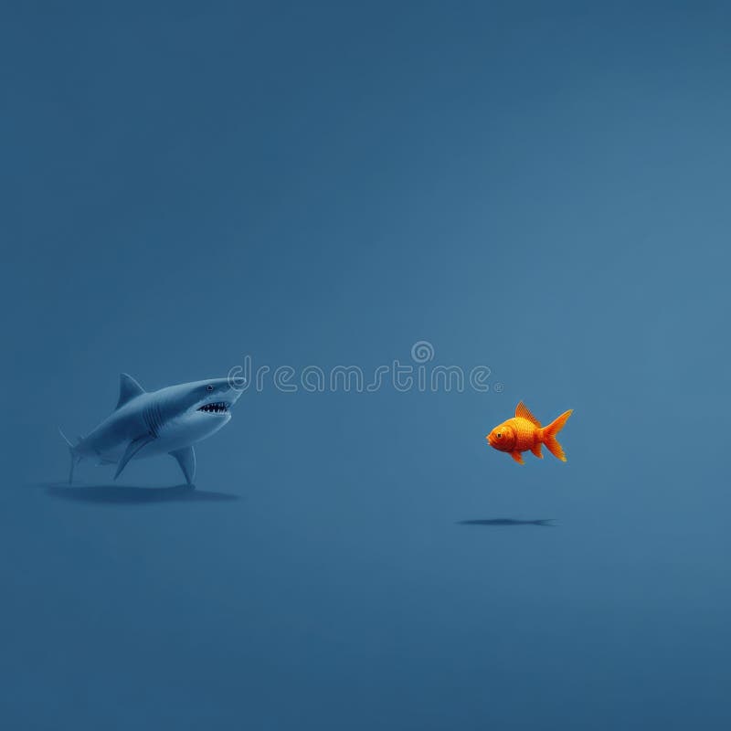 Small Goldfish Facing a Big Shark in a Blue Background Stock Photo ...