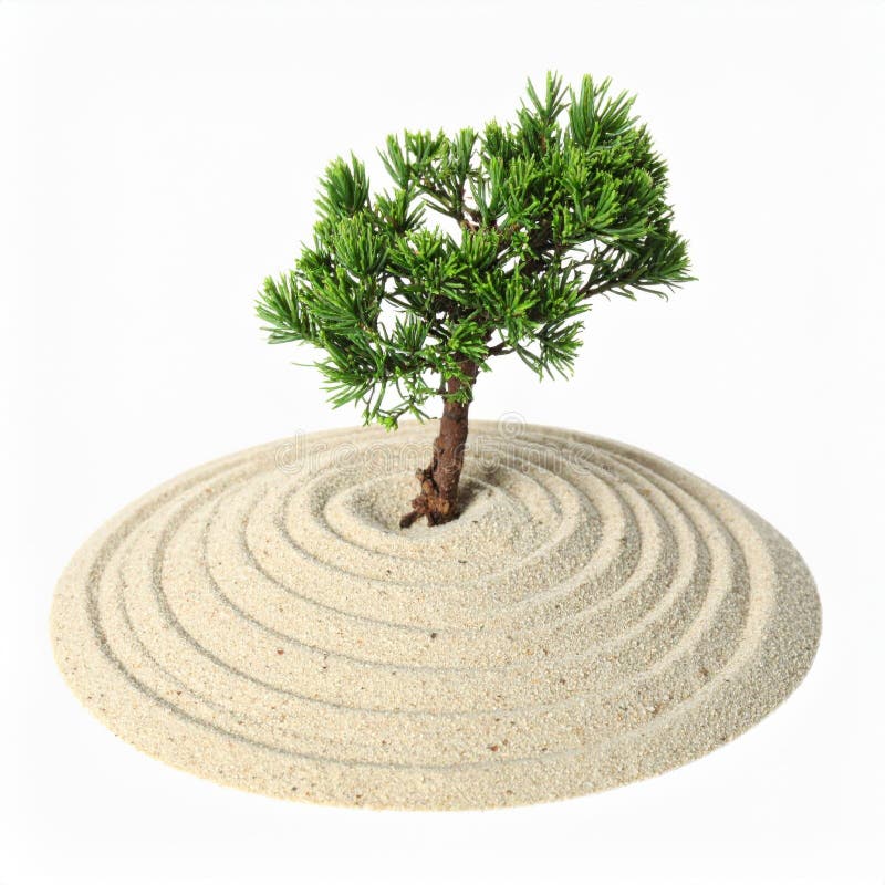 Small Green Bonsai Tree in Circular Sand Zen Garden Stock Illustration ...