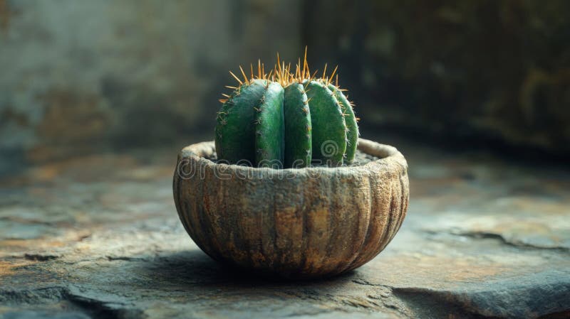 Small Green Cactus Rustic Pot Dark Stone Stock Photos - Free & Royalty ...