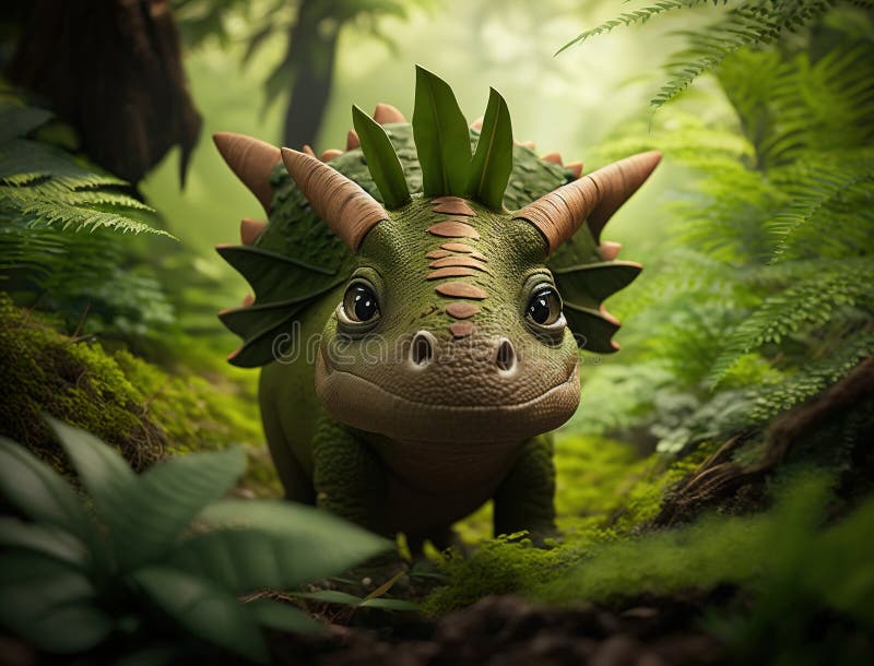 A Small Green Dinosaur with Horns in a Forest of Ferns. Generative Ai ...
