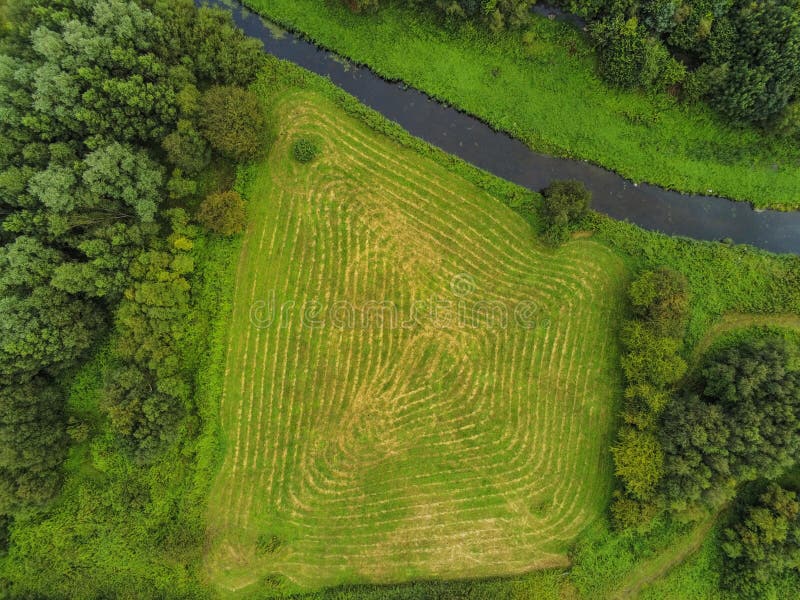Small Green Field by a River, Aerial Top View Stock Photo - Image of ...
