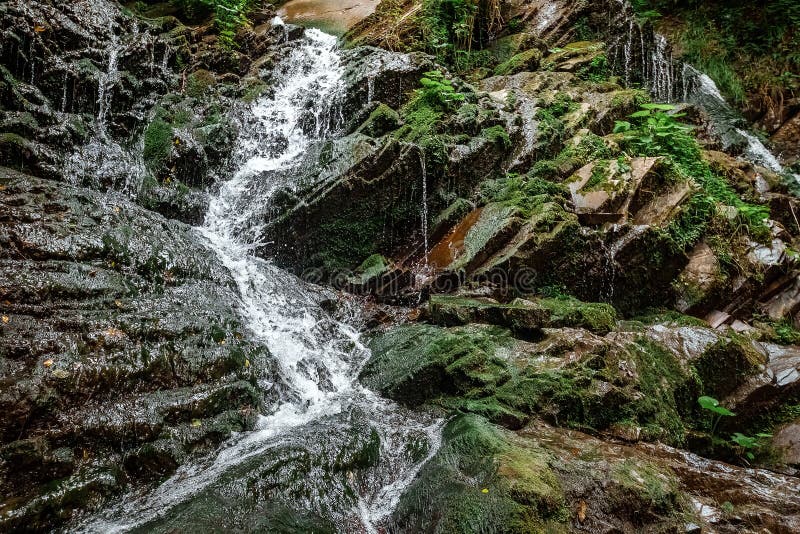Small Green Forest Waterfall in the Cave Mountains, Cascades on a ...
