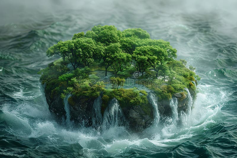Small Green Island with a Waterfall and Trees Stock Illustration ...
