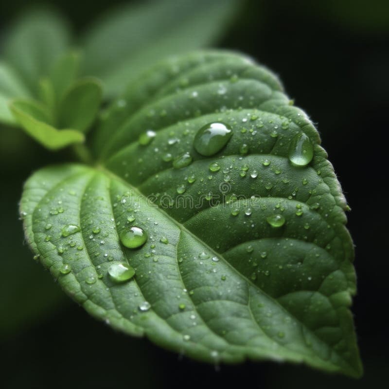 Small Green Leaf with Numerous Tiny Water Droplets and Veins, Micro ...