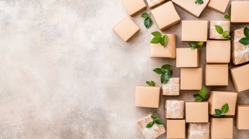 Small Green Leaves are Scattered among Numerous Cardboard Boxes on a ...