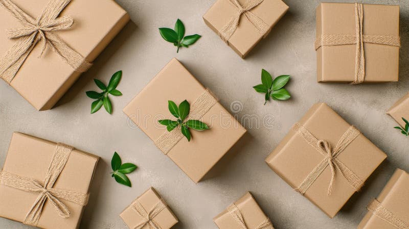 Small Green Leaves are Scattered among Numerous Cardboard Boxes on a ...