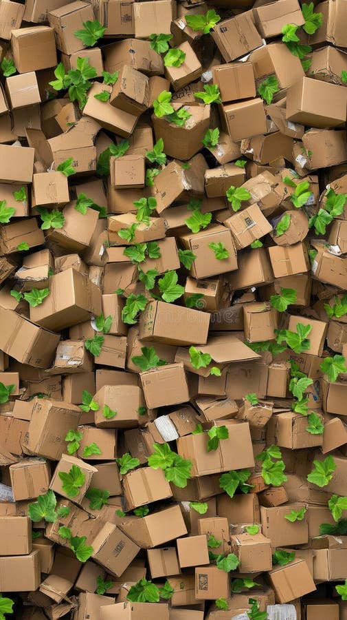 Small Green Leaves are Scattered among Numerous Cardboard Boxes on a ...