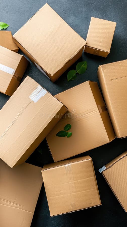 Small Green Leaves are Scattered among Numerous Cardboard Boxes on a ...