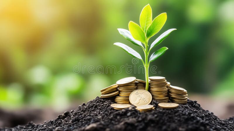 A Small Green Plant Emerges from a Mound of Coins, Representing Wealth ...