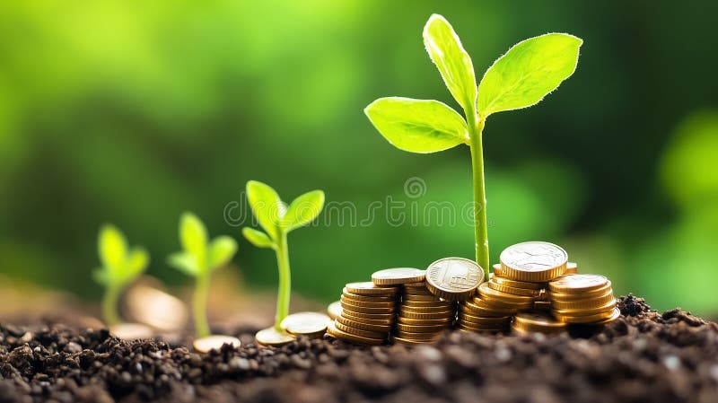 A Small Green Plant Emerges from a Mound of Coins, Representing Wealth ...