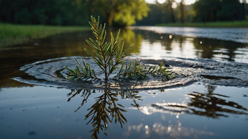 Small Evergreen Sprout in a Puddle of Water Reflecting Sunlight Stock ...