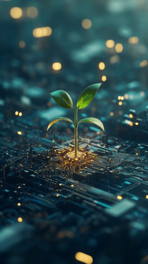 Small Green Plant Growing from Microchip Surface Representing ...