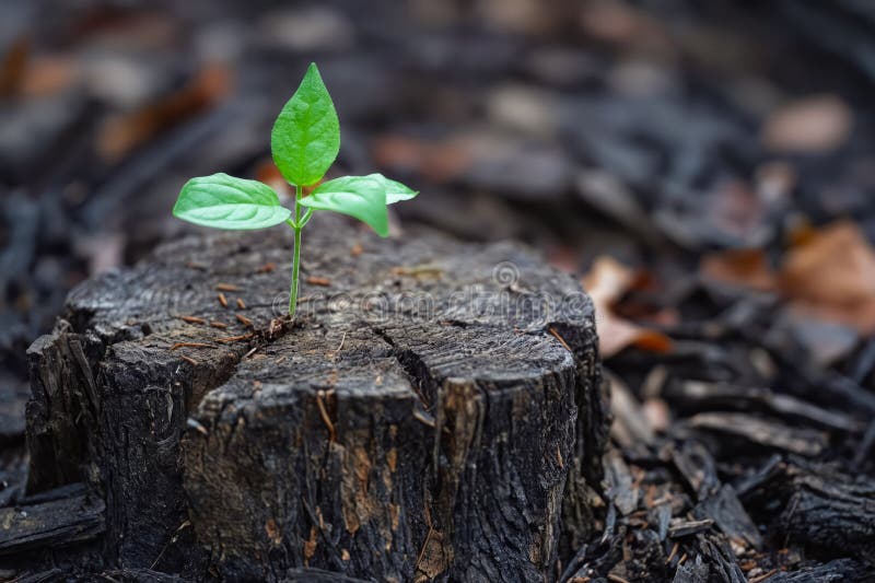 A Small Green Plant Growing Out of a Tree Stump. Generative AI Stock ...