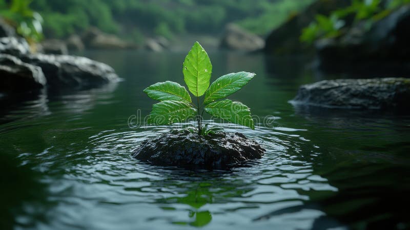 Small Green Plant Growing on Rock in Dark Water Stock Image - Image of ...