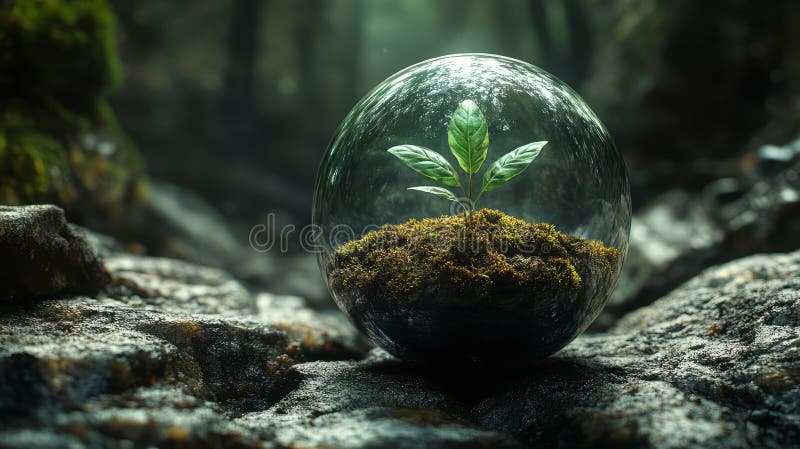 A Small Green Plant Grows Inside a Glass Sphere on a Rocky Surface in a ...