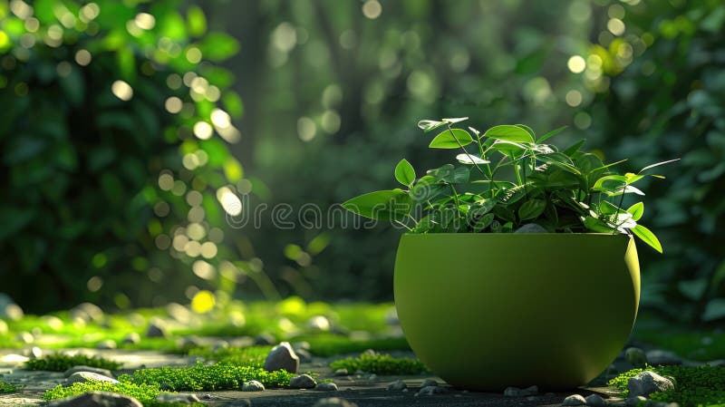 A Small Green Plant Grows in a Matching Green Pot on the Ground Stock ...