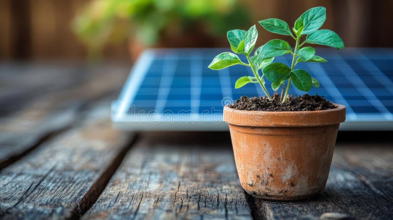 A Small Green Plant in a Pot Near a Solar Panel on a Rustic Wooden ...