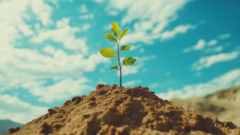 Small Green Plant Sprouting from Brown Soil Against a Bright Blue Sky ...