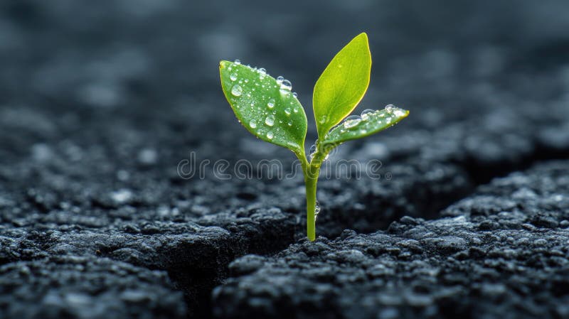 Small Green Plant Sprouting through Cracked Ground Surface with Water ...