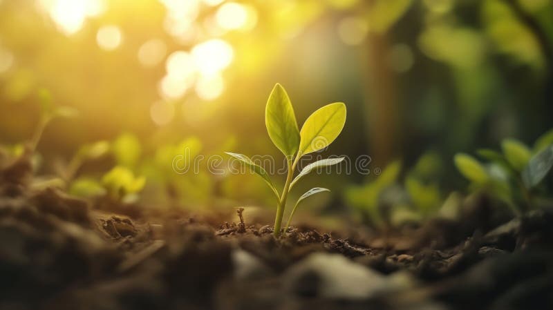 Small Green Plant Sprouting from Soil in Warm Sunlight Stock ...