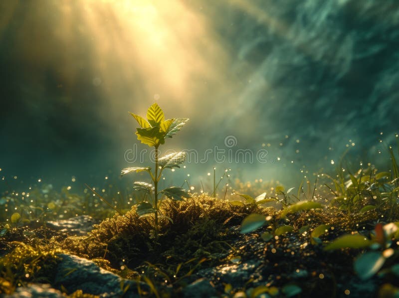 Small Green Plant Sprouts from the Ground with Sun Rays Shining Down on ...