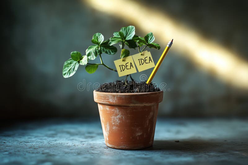 Surreal Plant Featuring Sharpened Pencil and Sticky Notes in a Rustic ...