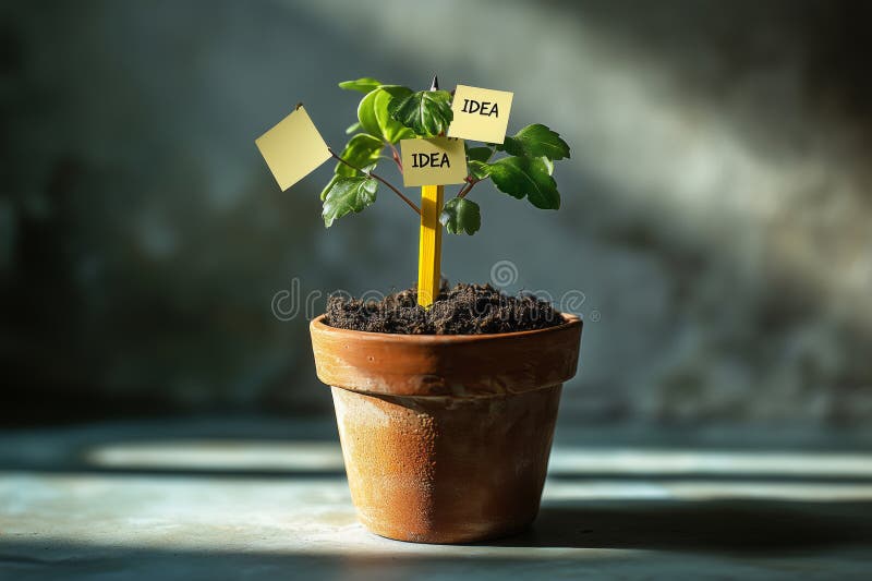 Surreal Plant Featuring Sharpened Pencil and Sticky Notes in a Rustic ...
