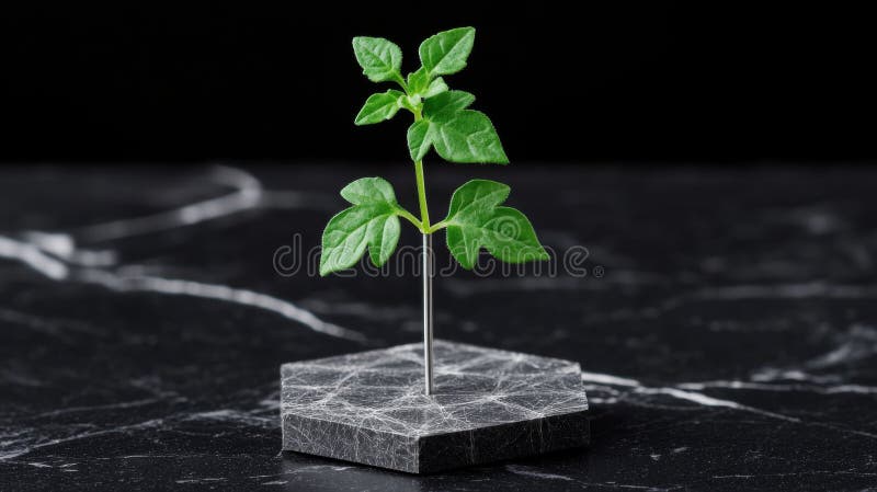 A Small Green Plant with a Thin Stem and Leaves Sits on a Gray ...