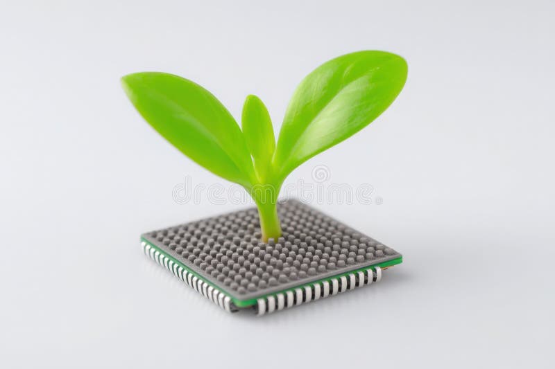 Green Plant Emerging from a Computer Chip Symbolizing Technology and ...