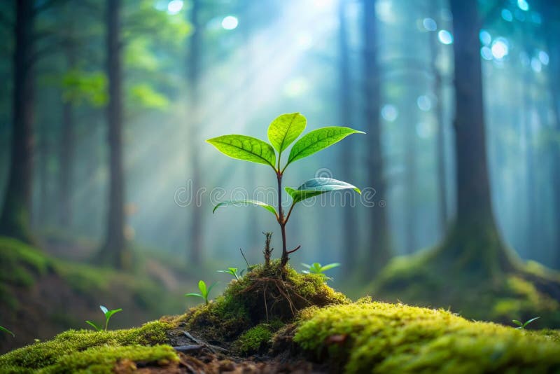 Small Green Plant with Two Leaves Sprouts from a Tree Branch Stock ...