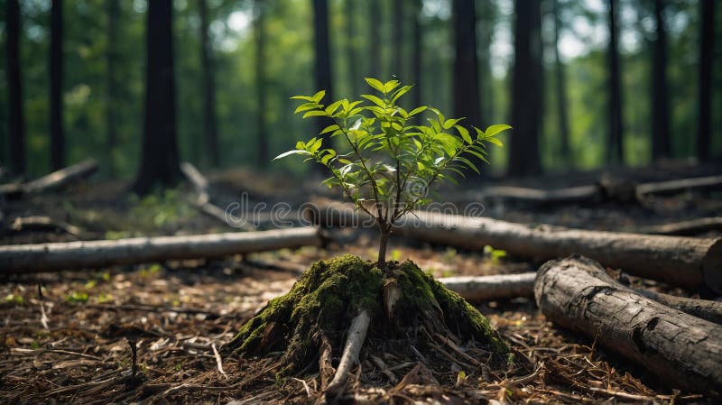Small Green Sapling Sprouts from Tree Stump in Sunlit Forest. Sapling ...
