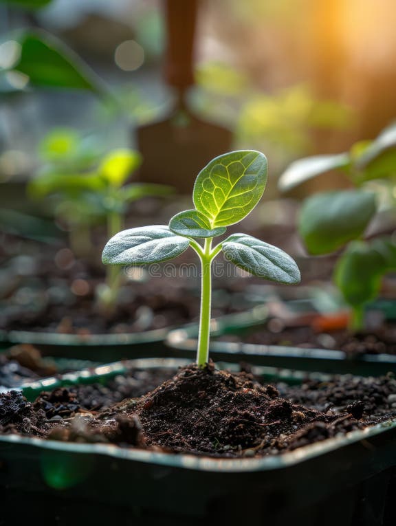 A Small Green Seedling Emerging from Soil, Bathed in Sunlight. Stock ...