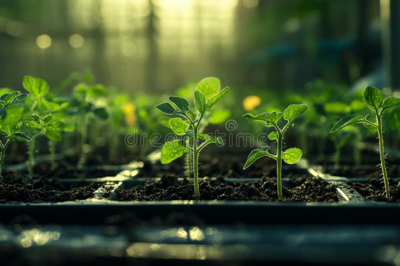Small Green Seedlings Growing in Seed Tray in Greenhouse at Sunset ...