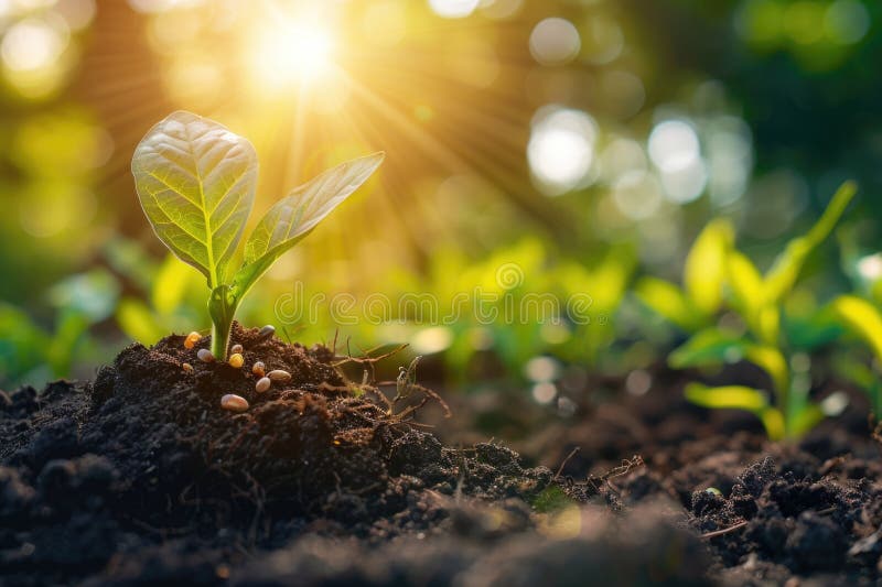A Small Green Shoot Emerges from the Earth, with Soil and Roots Visible ...