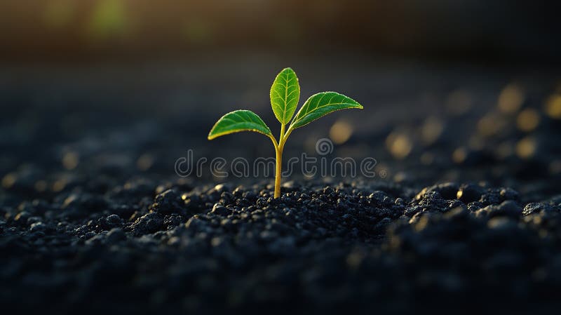 A Small Green Sprout Emerges from Dark Soil at Sunrise Stock Photo ...