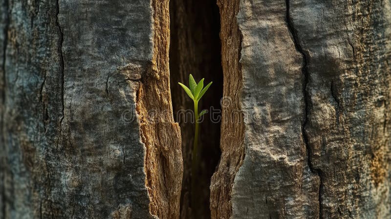 Small Green Sprout Emerges Tree Trunks Serene Forest Setting Stock ...