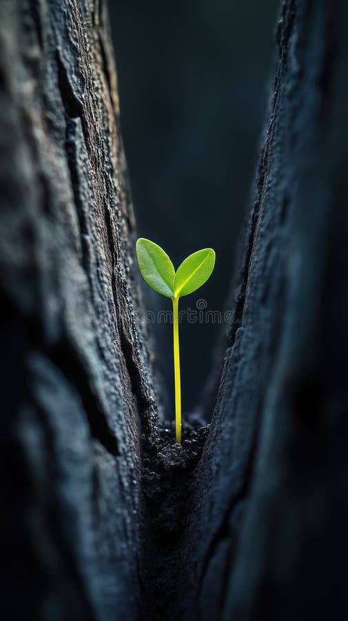 Small Green Sprout Emerges between Two Ancient Tree Trunks in a Forest ...
