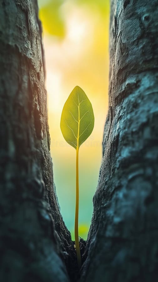Small Green Sprout Emerges between Two Tree Trunks in Vibrant Nature ...