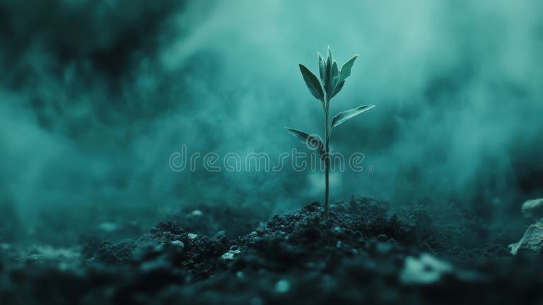Small Green Sprout Emerging from Dark Soil with Teal Mist Stock ...