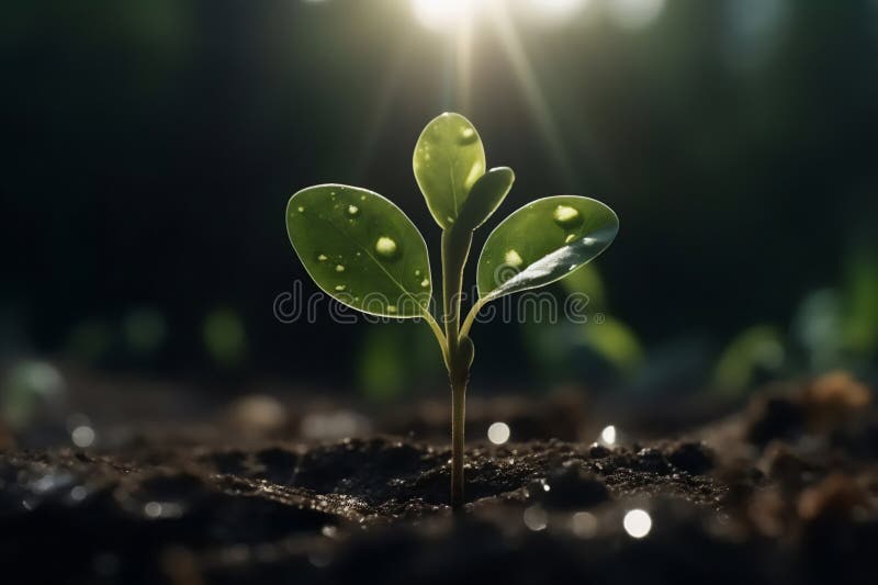 Small Green Sprout Growing from the Ground with Drops of Rain Water at ...