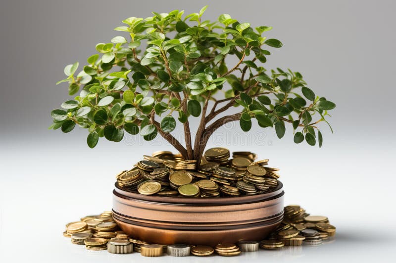 Small Green Tree in a Container with Coins, Savings Concept. Stock ...