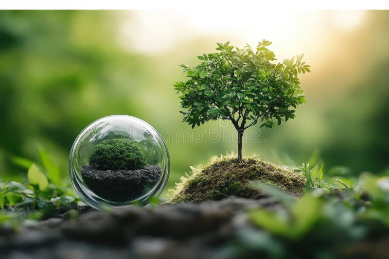 A Small Green Tree by a Glass Globe of Tiny Trees and Moss in a ...