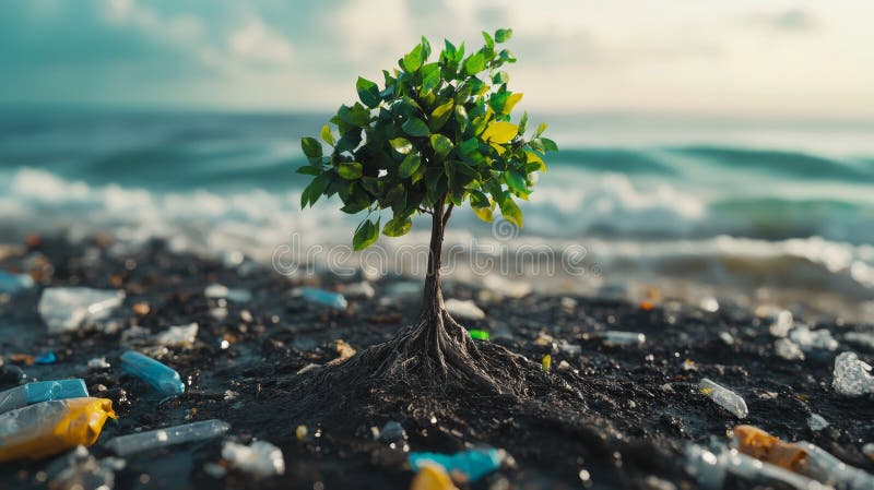 Small Green Tree Growing Amidst Ocean Pollution and Plastic Waste Stock ...